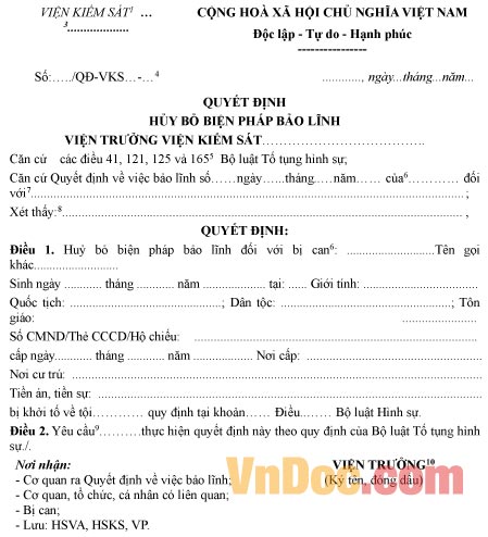 Mẫu số 45 HS Quyết định hủy bỏ biện pháp bảo lĩnh HoaTieu vn