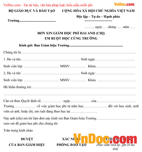 Mẫu đơn xin giảm học phí cho hai anh (chị) em ruột học cùng trường