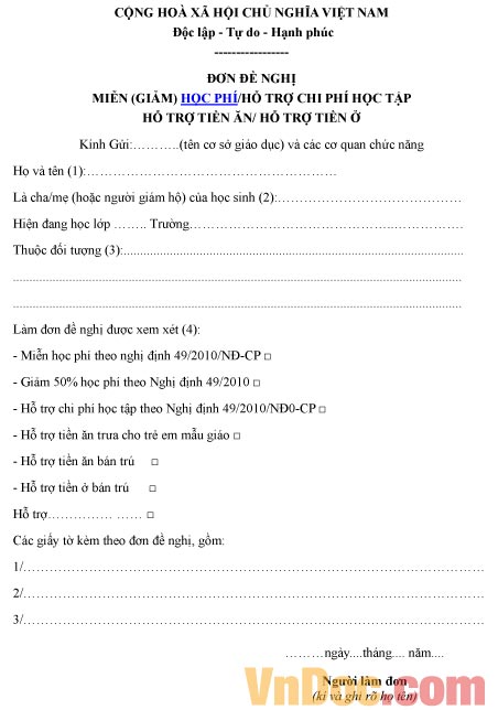 Mẫu đơn đề nghị miễn, giảm học phí, hỗ trợ tiền ăn ở cho học sinh bán trú