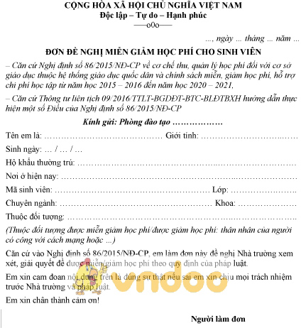 Mẫu đơn đề nghị miễn giảm học phí cho sinh viên - HoaTieu.vn