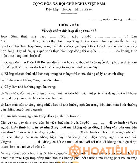 Mẫu thông báo đơn phương chấm dứt hợp đồng thuê nhà - HoaTieu.vn