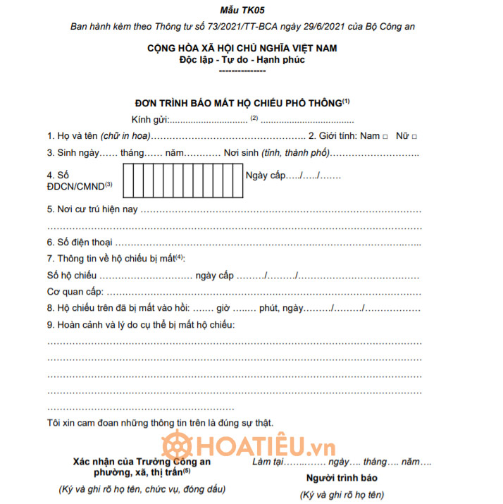 Mẫu TK05: Đơn trình báo mất hộ chiếu 2025 mới nhất - Đơn trình báo mất hộ chiếu