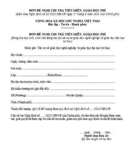 Đơn đề nghị chi trả tiền miễn, giảm học phí 2024 - HoaTieu.vn