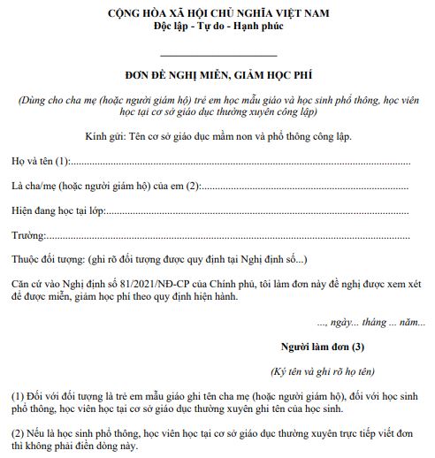 Đơn Xin Giảm Học Phí 2022 Tiểu học, THCS, THPT mới nhất