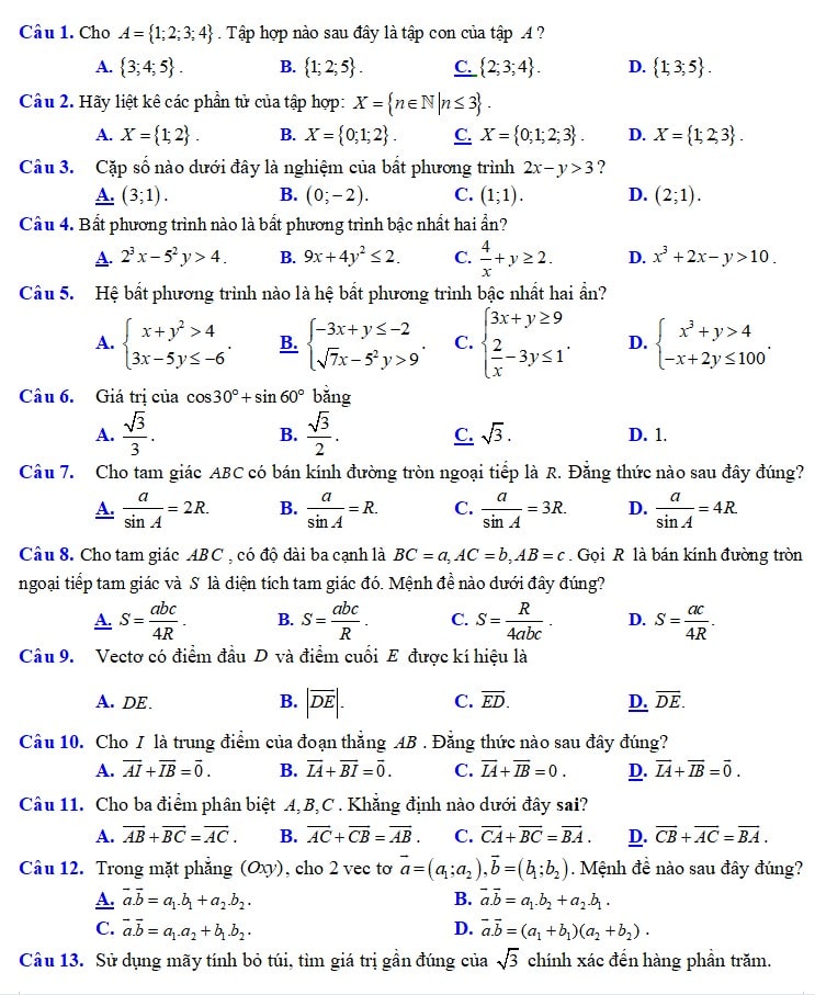 Đề thi học kì 1 Toán 10 Chân trời sáng tạo (5 đề)