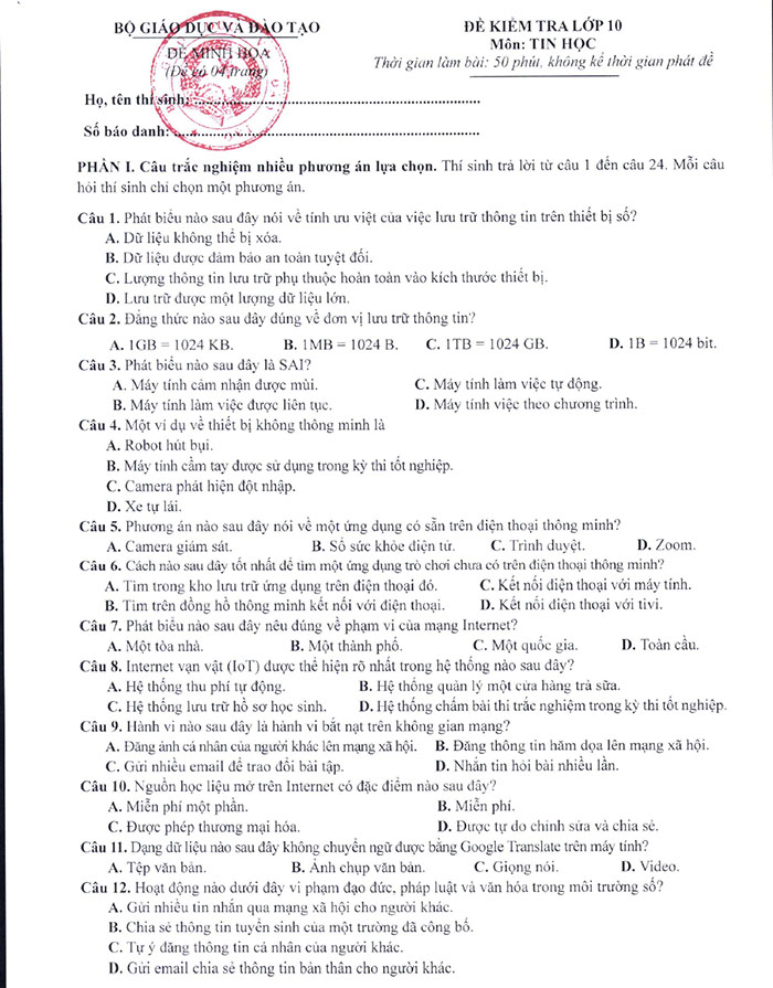 Cấu trúc đề thi THPT quốc gia 2025 môn Tin học - Đề minh họa 2025 môn Tin