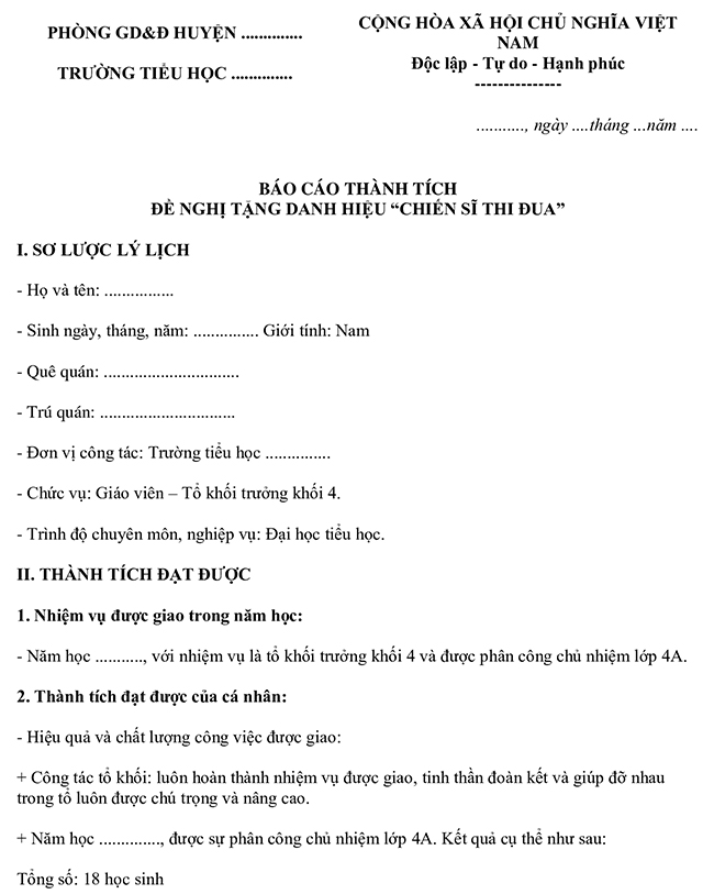 Báo cáo thành tích cá nhân đề nghị khen thưởng Chiến sĩ thi đua cấp cơ sở 2025